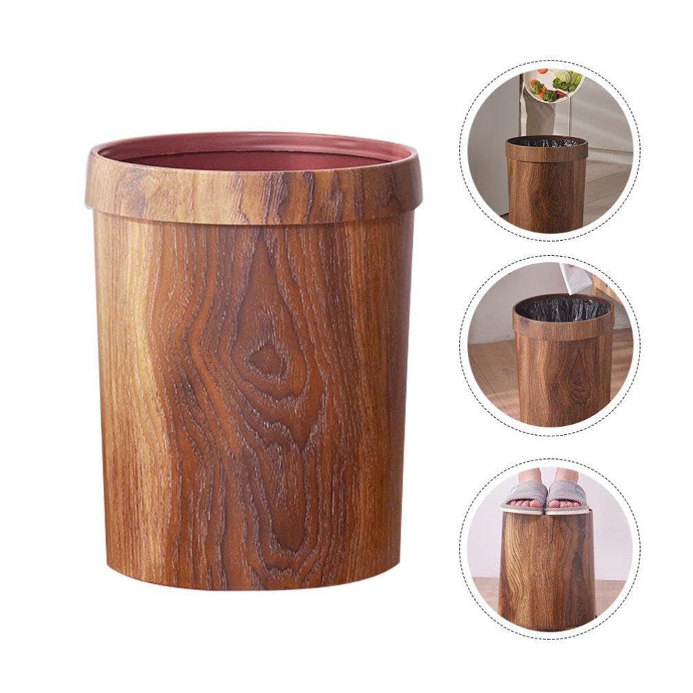 PRETYZOOM Wood Grain Trash Can, 10L Round Plastic Wastebasket Bedroom Kitchen 11x9 Inch Vintage Recycling Bin Rustic Garbage Can with Removable Bag Holder for Bathroom Offices