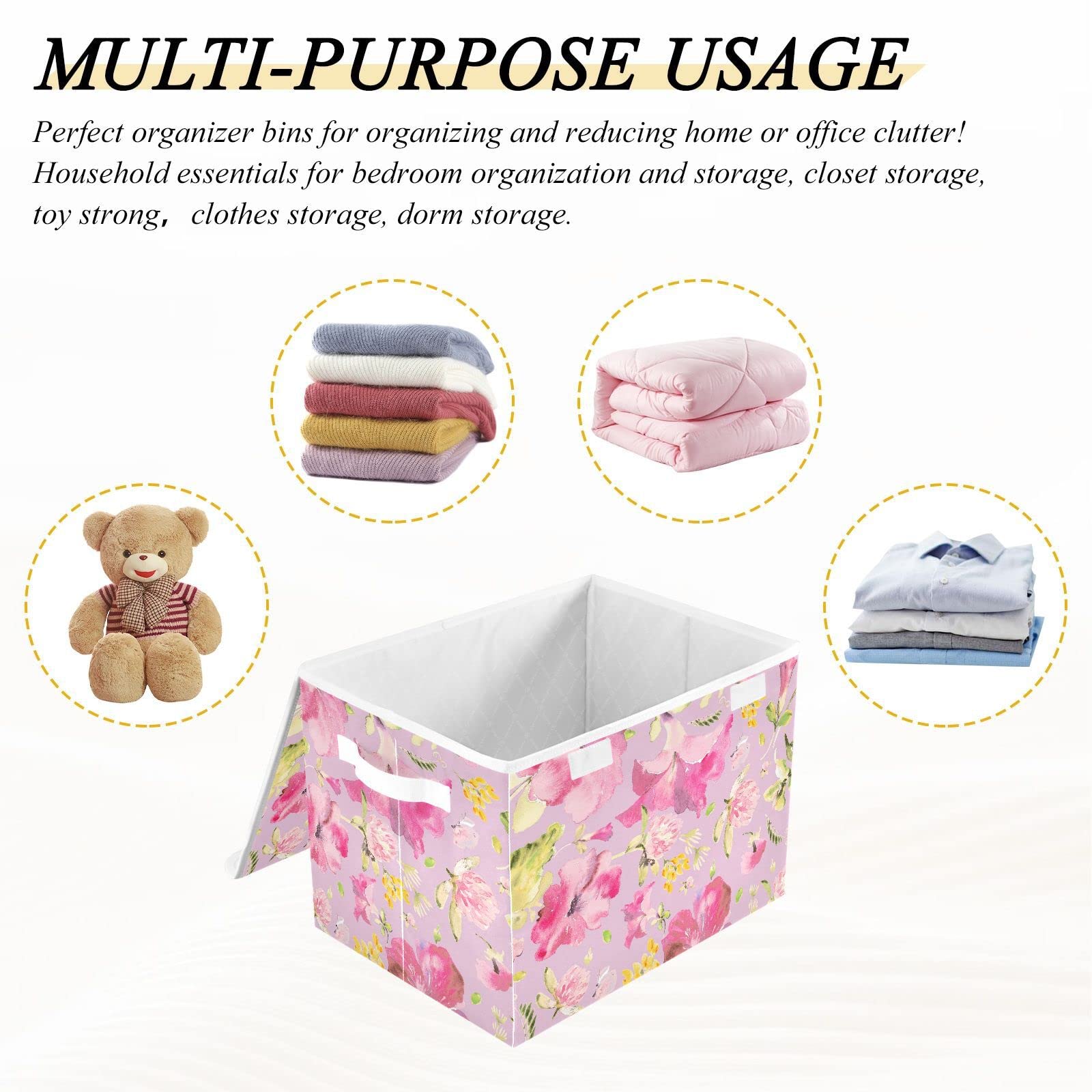 GUIJI Petunias Pink Fabric Storage Bins with Lids and Handle,Foldable Storage Bins with Lids,Closet Organizers for Clothes Storage,Room Organization, Office Storage, Chest Organizer