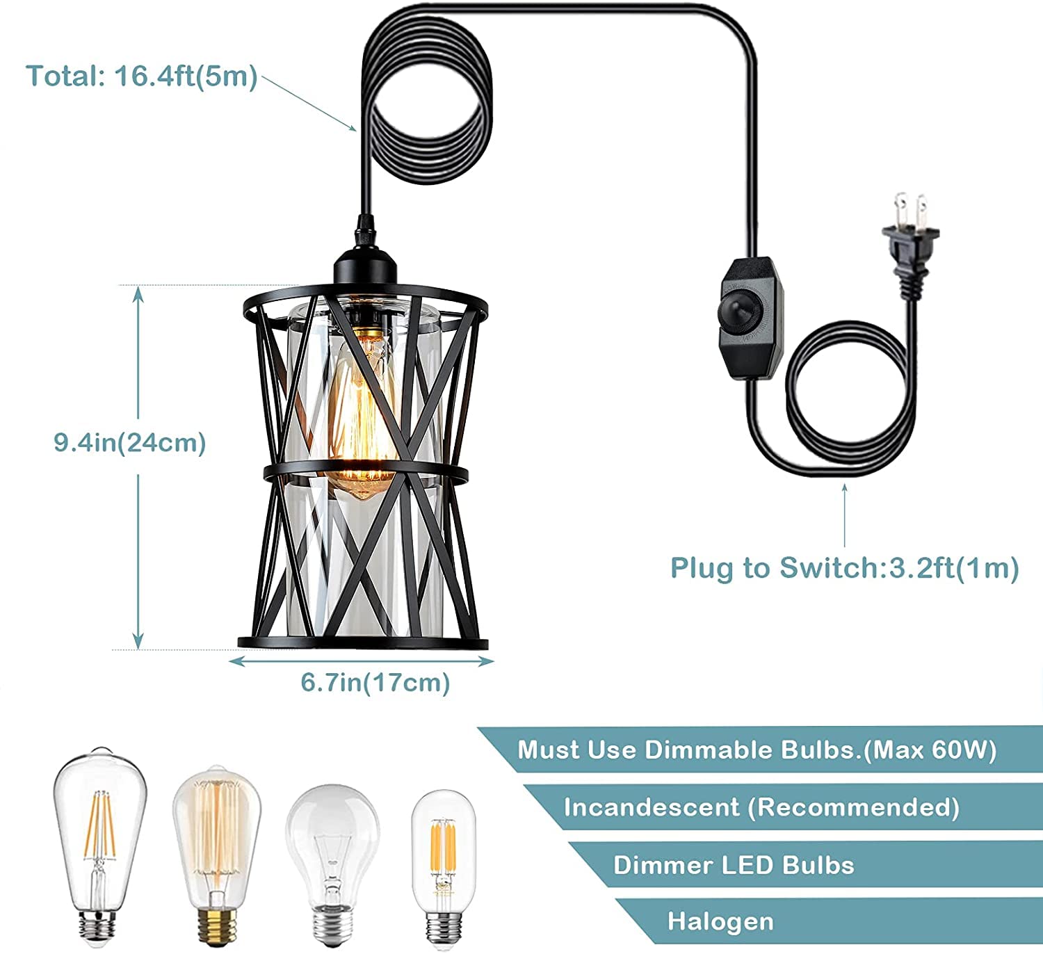 HMVPL Farmhouse Plug in Pendant Light, Outdoor Swag Lamp with Plug in Cord On/Off Dimmer, Plug in Hanging Light Fixture for Dining Room Bedroom Kitchen Island(1 Pack)