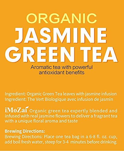 Imozai Organic Jasmine Green Tea Bags 100 Count Individually Wrapped | Lower Caffeine | Floral Aroma & Taste