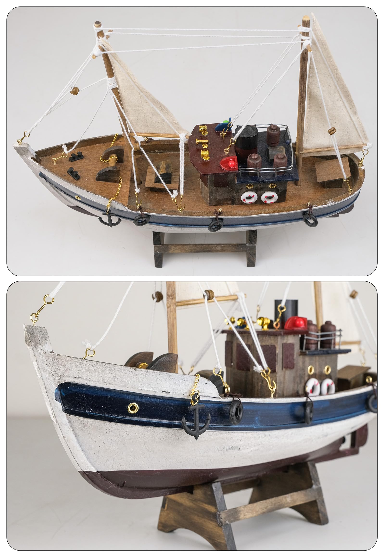 SAILINGSTORY Wooden Fishing Boat Model Sailboat Decor Ship Model Distressed Finish