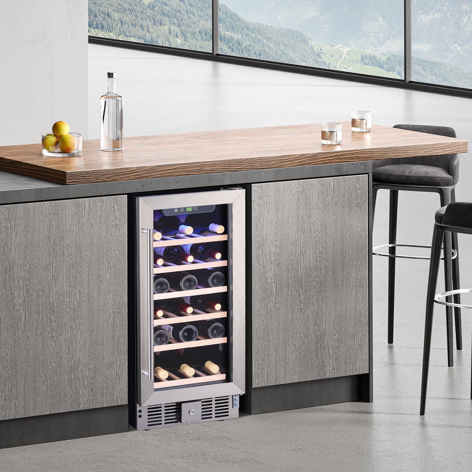 Takywep 30 Bottles Wine Fridge Under Counter, 15 Inch Wine Cooler with 40~60°F Digital Temperature Control, Safety Lock, All Wood Removable Shelves, Stainless Steel+Glass Door, Built-In Wine Cellars