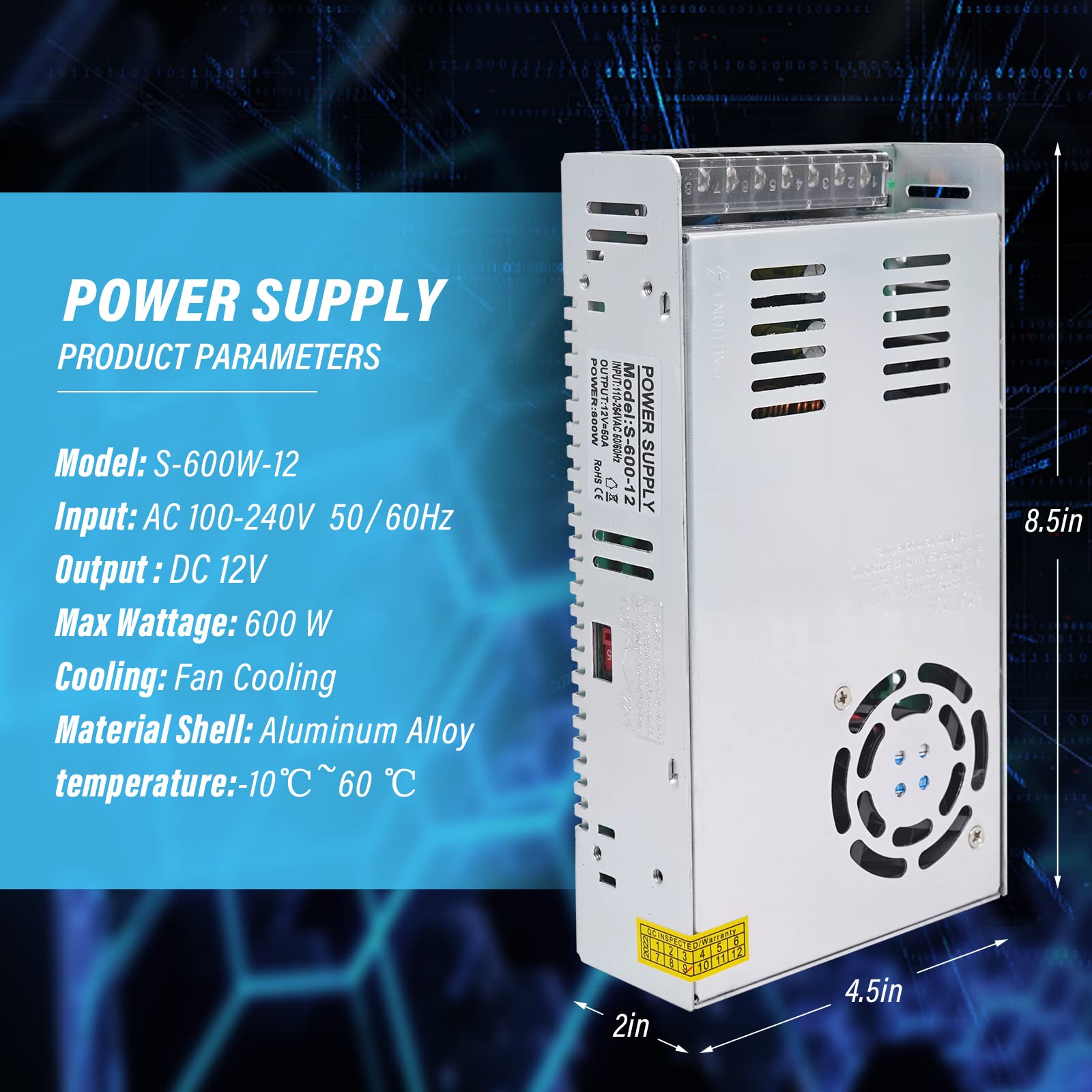 KHEARPSL Universal Regulated Switching Power Supply 110V/220V AC to DC Adapter Driver for CCTV Camera 3D Printer Computer Project (12V 50A 600W)