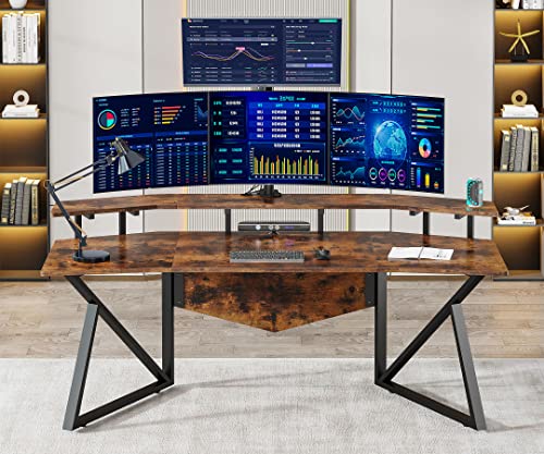 Tribesigns Computer Desk, 70.9" Large Home Office Desk with Monitor Stand, Modern Wing-Shaped Gaming Studio Desk Study Table Workstation for Live, Streamer,Rustic Brown