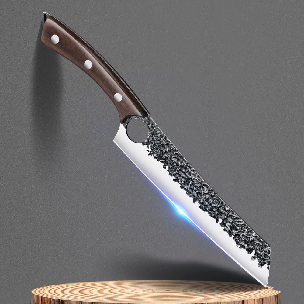 Sharp Chef Knife Hand Forged Meat Cleaver Professional Butcher Knife for Meat&Bone with Ergonomic Handle and Sheath, for Kitchen BBQ Outdoor Camping Ideal Gift (8.3 inch)