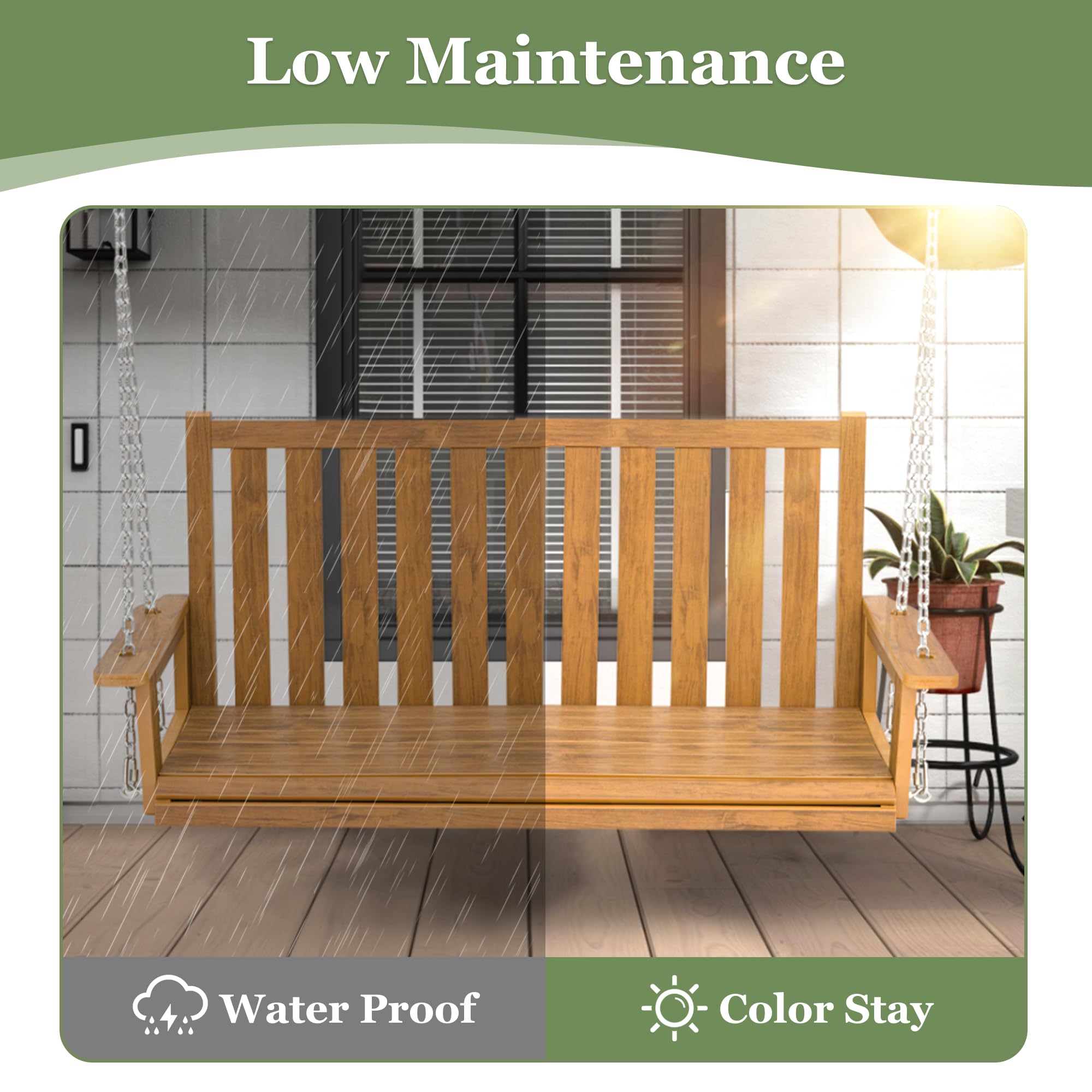 Poly Lumber Porch Swing with Cup Holders, 18/8 Stainless Steel Hanging Chains and Hardware, High Backrest and Deep Contoured Seat, Heavy Duty 900 LBS, All-Weather Resistant Bench Swing (Brown)