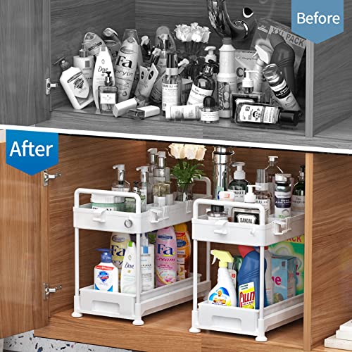 SOLEJAZZ 2-Tier Under Sink Organizer, Sliding Under Bathroom Cabinet Storage Drawer Organizer with Hooks, Hanging Cup, Dividers, Handles, Multi-purpose Under Sink Shelf Organizer, White, 2 Pack