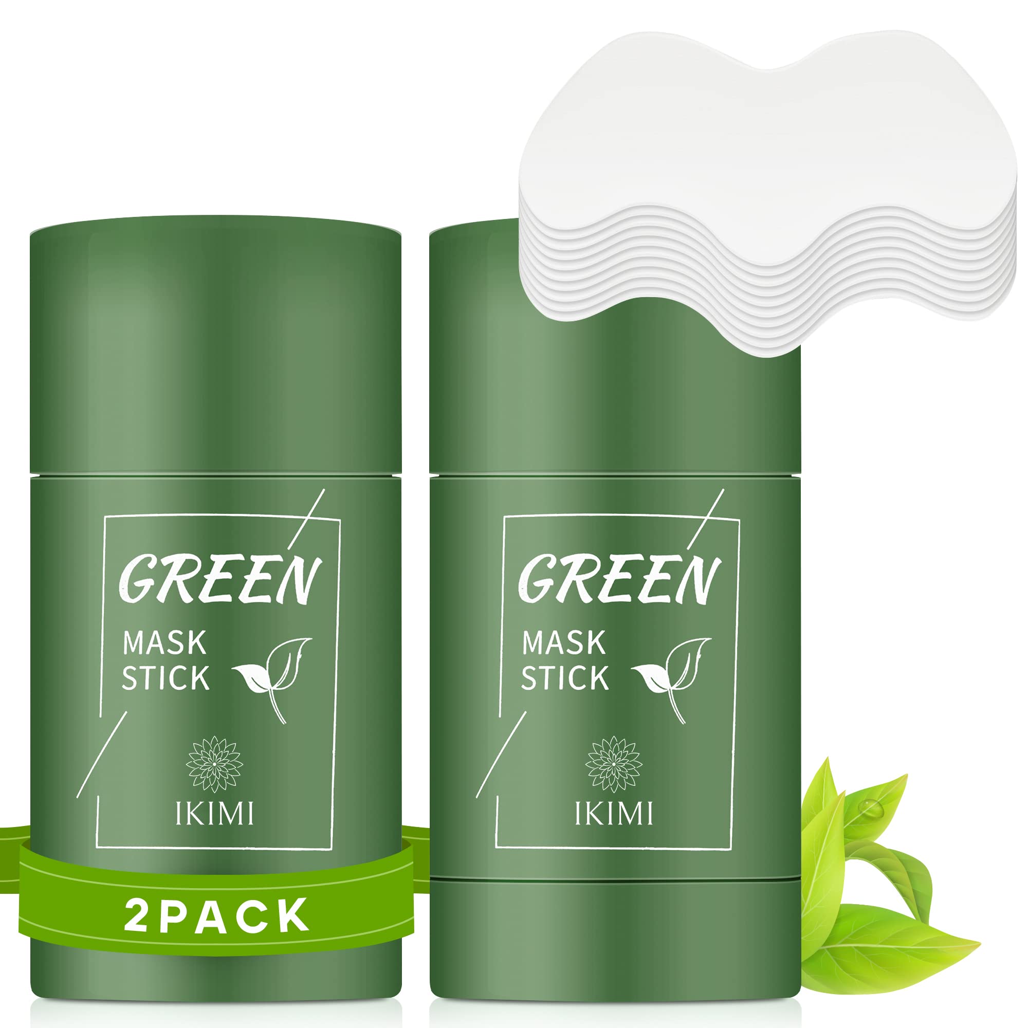 IKIMI 2 Pcs Green Tea Mask Stick 10 Pcs Blackhead Remover Strips Combo, Green Tea Purifying Clay Stick Mask, Deep Cleansing Moisturizing Face Mask Kit