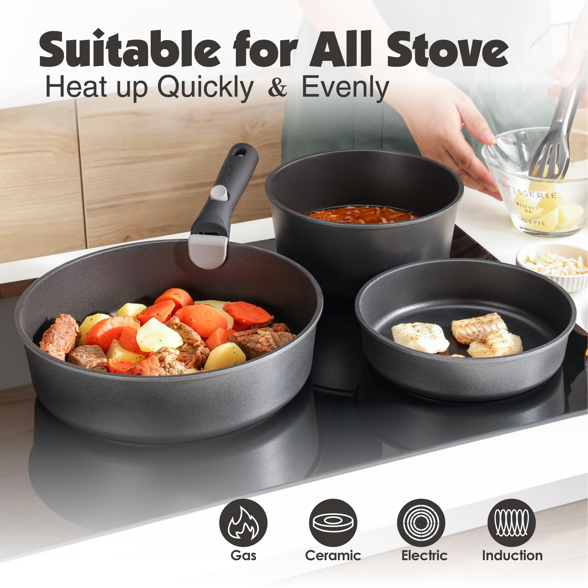 SENSARTE 17 Piece Pots and Pans Set, Nonstick Detachable Handle Cookware, Induction Kitchen Cookware Set with Removable Handle, Healthy Non Stick RV Cookware, Dishwasher & Oven Safe, PFOA Free (Black)