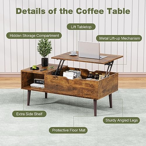 OLIXIS Modern Coffee Table Wooden Furniture with Lifting Tabletop, Storage Shelf and Hidden Compartment for Living Room Office, Rust Brown