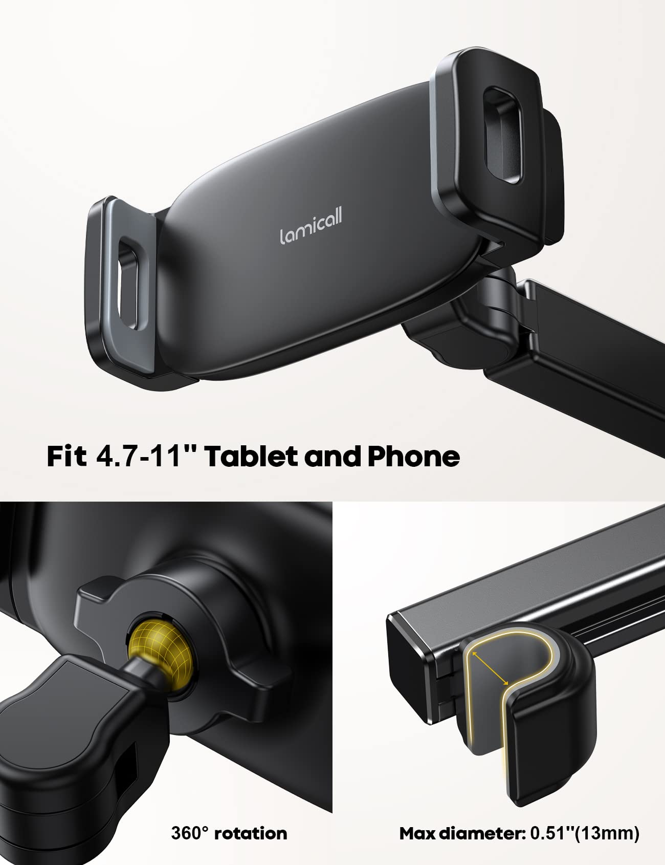 Lamicall Car Headrest Tablet Holder - [3 in 1 Extension Arm] Adjustable Tablet Car Mount for Back Seat, Road Trip Essentials for Kids, for 4.7-11" Tablet Like iPad Pro, Air, Mini, Galaxy, Fire, Black