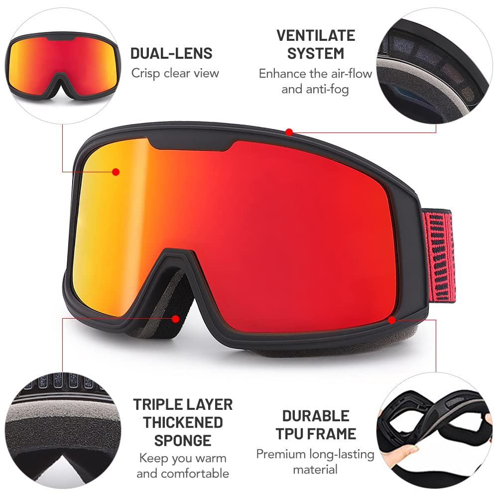 IMEISH Ski Goggles for Men Women Anti Fog UV Protection Snow Goggles (Red)