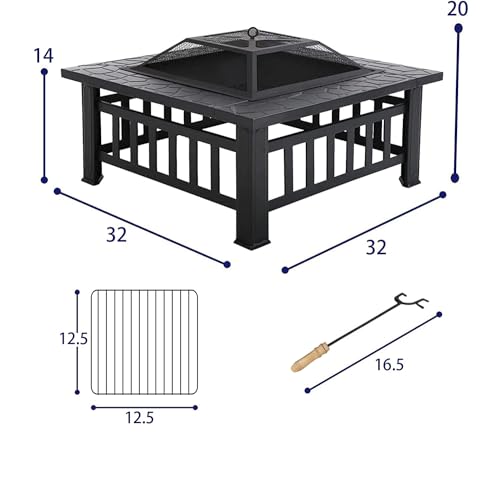 Fire Pit 32'' Wood Burning Firepit Metal Square Outdoor Fire Tables SteelFire Pit Bowl with Spark Screen Cover, Poker Log Grate for Patio Bonfire Camping Backyard Garden Picnic