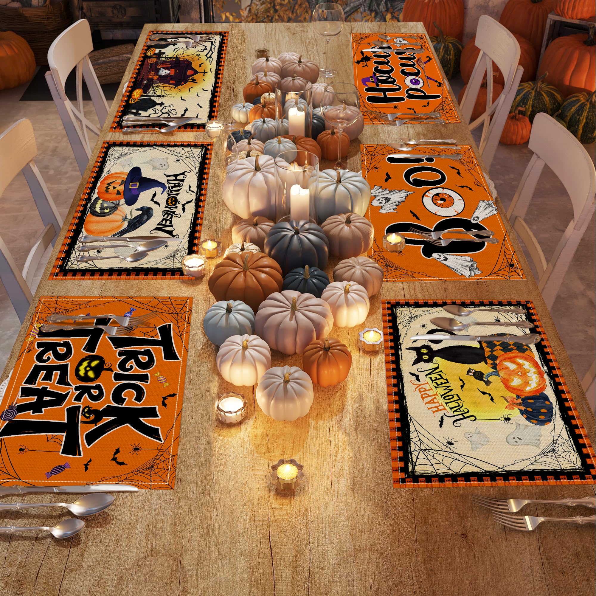 Halloween Placemats Set of 6,12x18 Inch Halloween Decorations Place Mats for Dining Table with Treat or Trick