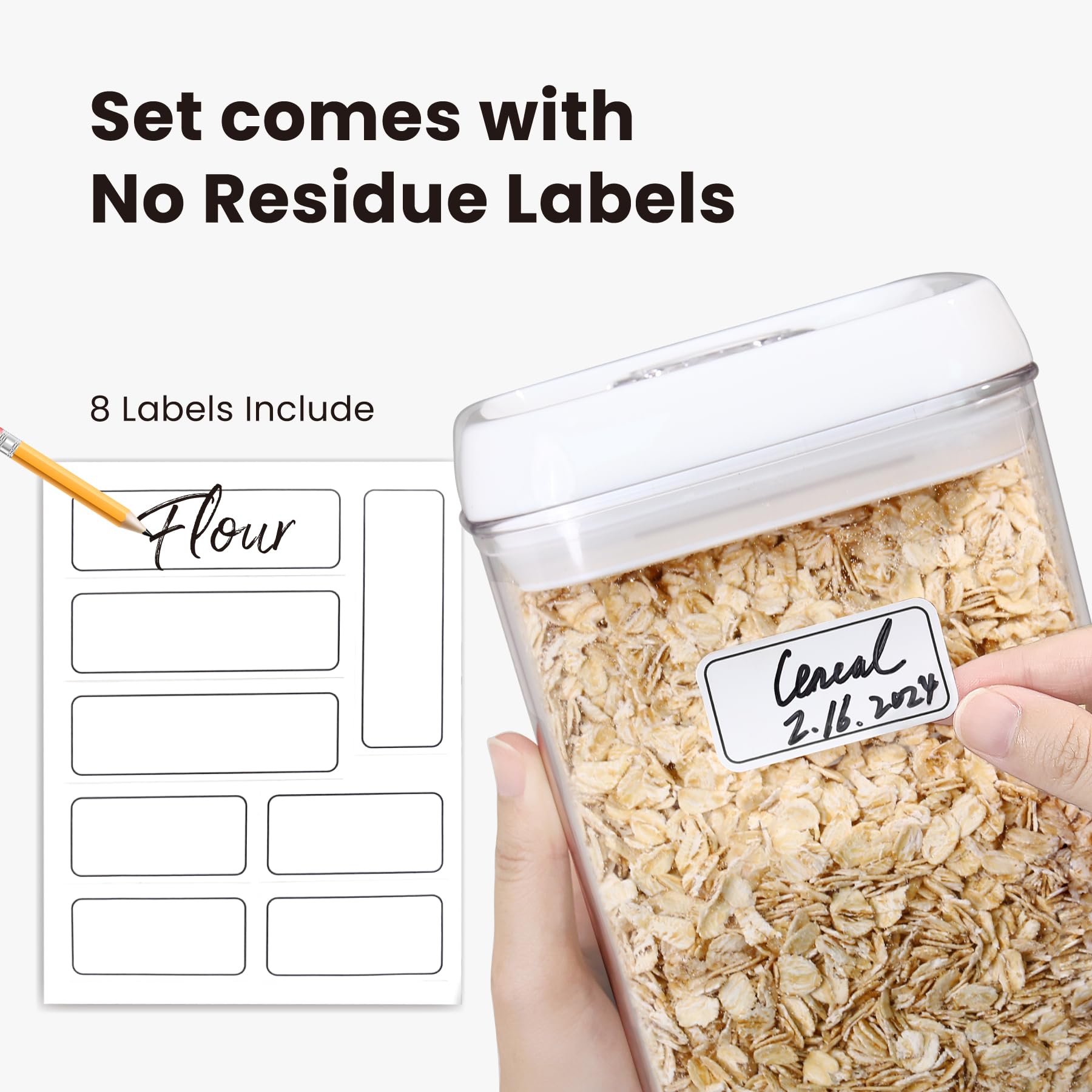 Felli Flip Tite Food Storage Container 5β LARGE 5pk Set + No Residue Label, Airtight Lid Easy Lock Top Stackable, Plastic Canister Jar for Pantry Kitchen Fridge Organizer Pasta Protein Powder Spice