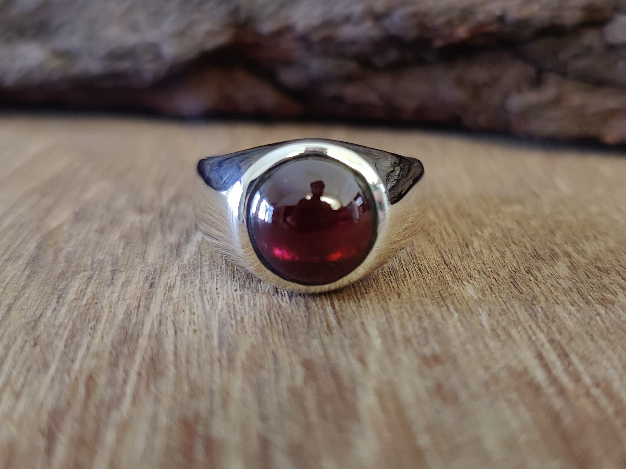 Mens Women Natural Garnet Ring, 10 MM Round Shape Gemstone, 925 Solid Sterling Silver Ring, 22k Gold fill, Signet Ring, Bohemian Ring, Statement Ring, Gift Ring (925 Solid Silver, 8)
