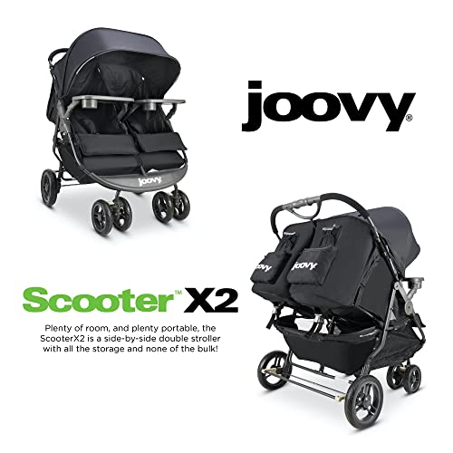 Joovy Scooter X2 Side-by-Side Double Stroller Featuring Dual Snack Trays, One-Handed Fold, Multi-Position Reclining Seats, Adjustable Leg Rests, and in-Seat Storage (Black)