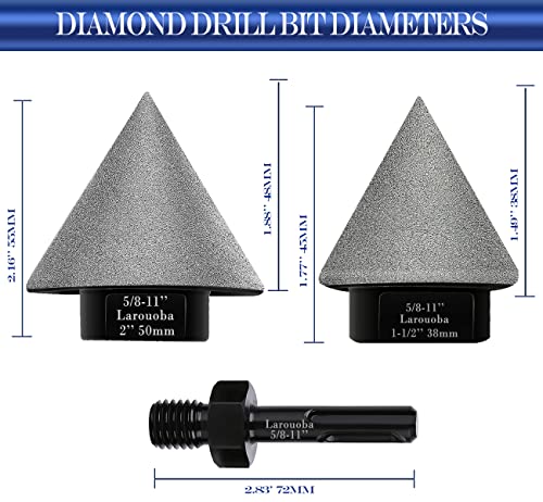 Larouoba 50mm 2" Dry Diamond Beveling Chamfer Bit, Countersink Drill Bit for Enlarging Trimming in Porcelain, Ceramic Tiles Hole 5/8"-11 Thread for Angle Grinders & SDS Adapter for Drills (Black).