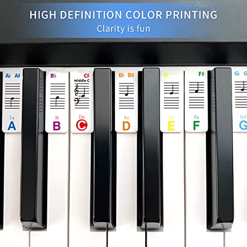 Removable Piano Keyboard Note Labels,Piano Keyboard Stickers,88-Key 61-Key Full Size,Silicone Keyboard Stickers,Suitable Piano Keyboard for Beginners with Box,Sheet Music Clip,Cleaning Cloth