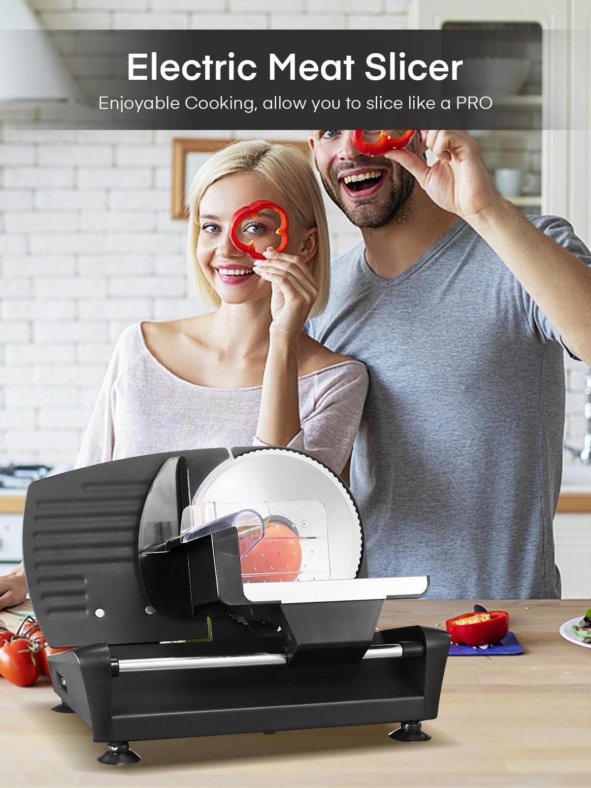 FOHERE Meat Slicer 200W Electric Deli Food Slicer with Two Removable 7.5’’ Stainless Steel Blade, Adjustable Thickness for Home Use, Child Lock Protection, Black