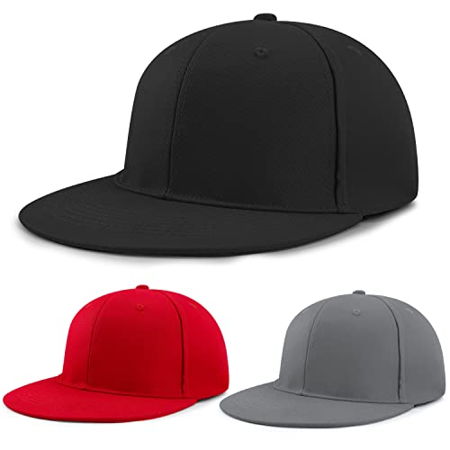Falidem 3 Pack Snapback Hats for Men, Unisex Baseball Cap, Adjustable Snapback Hat, Cotton Flat Bill Hats for Men, Mens Snapback Hats (Black, Grey, Red)