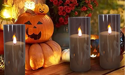Kitch Aroma 3D Wick Grey Acrylic Glass Flameless Candles, Grey Flickering LED Pillar Candles with Remote Control, Set of 2