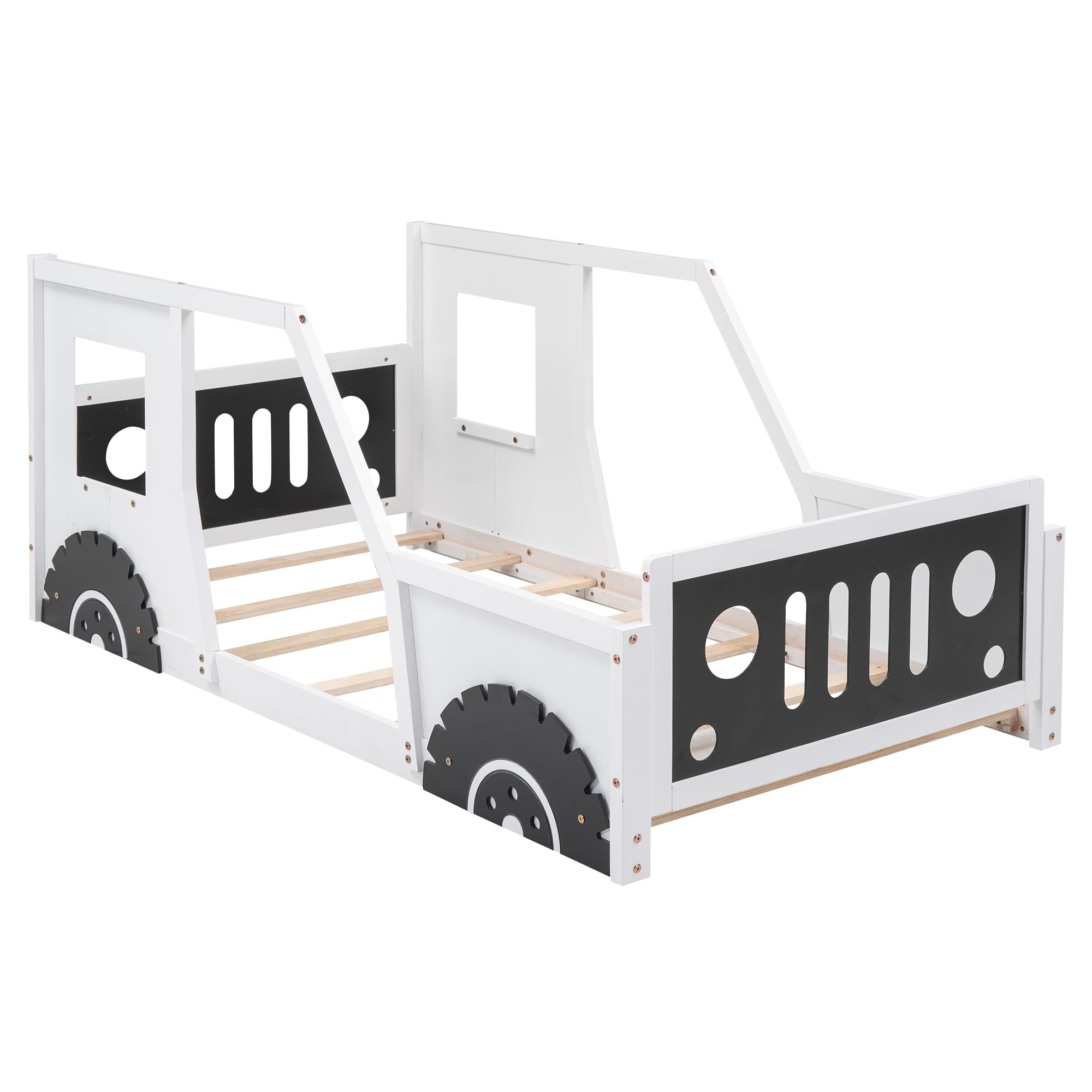 MERITLINE Twin Size Kids Floor Bed with Car-Shaped and Wheels, Wooden Twin Platform Bed Frames with Doors and Windows, Twin Car Bed with Slat Support for Kids Boys Girls, No Box Spring Needed, White