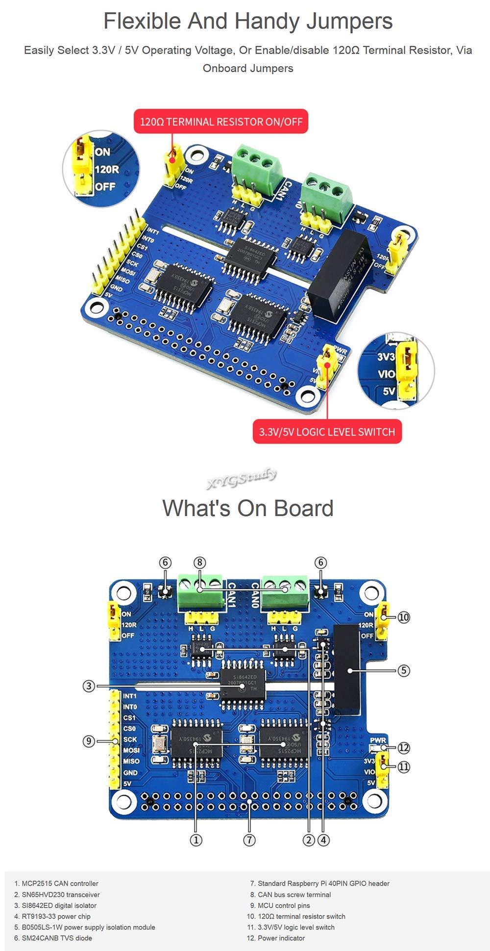 for Raspberry Pi 2-Channel Isolated CAN Bus Expansion HAT MCP2515 + SN65HVD230 Dual Chips Solution 3.3V/5V Breakout SPI STM32 with Multi Onboard Protection Circuits 2-CH @XYGStudy