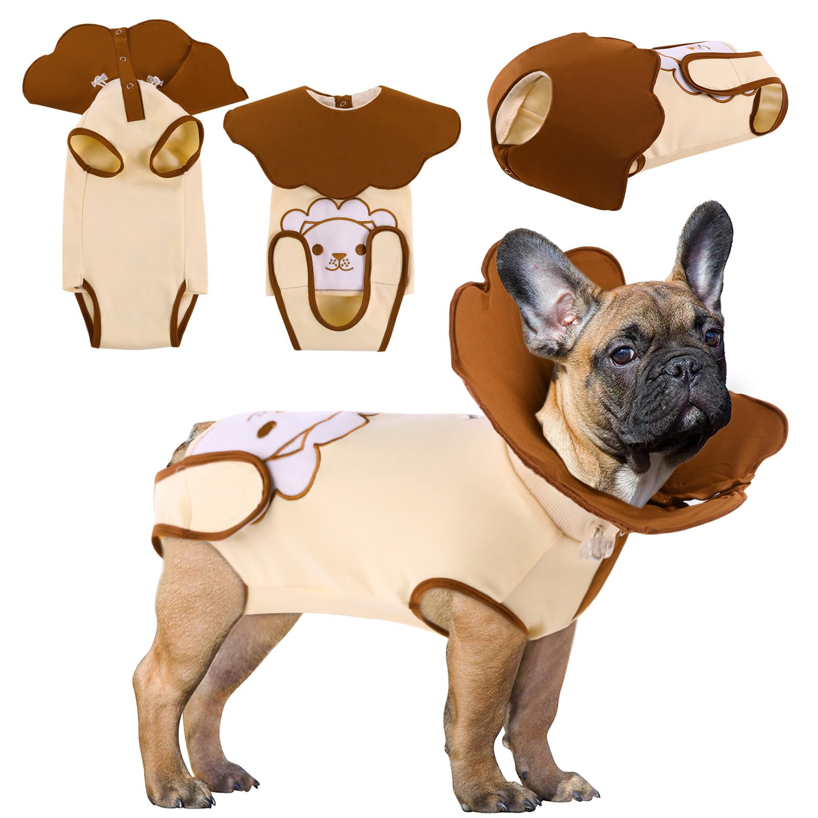 SAWMONG Dog Surgery Recovery Suit with Foldable Cone, Stretch & Cotton Dog Spay Surgical Suit for Female Dogs, After Surgery Dog Onesie with Adjustable Rear Flap, Medium