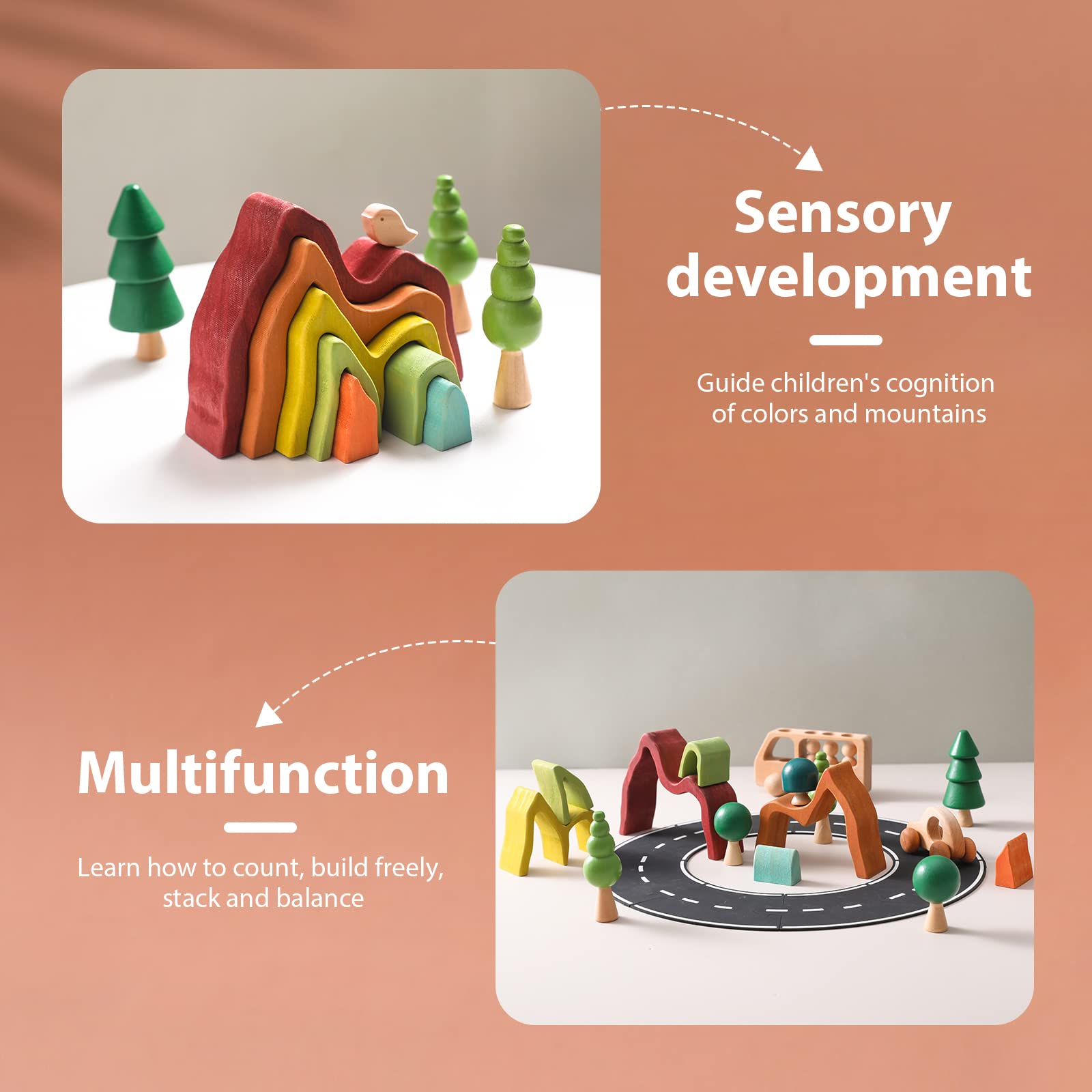 JETM·HH Wooden Rainbow Stacking Toy | House Bulding Block | Montessori Geometry Educational Stacking Game | Learning Educational Toys for Kids Baby Toddler(Volcano)