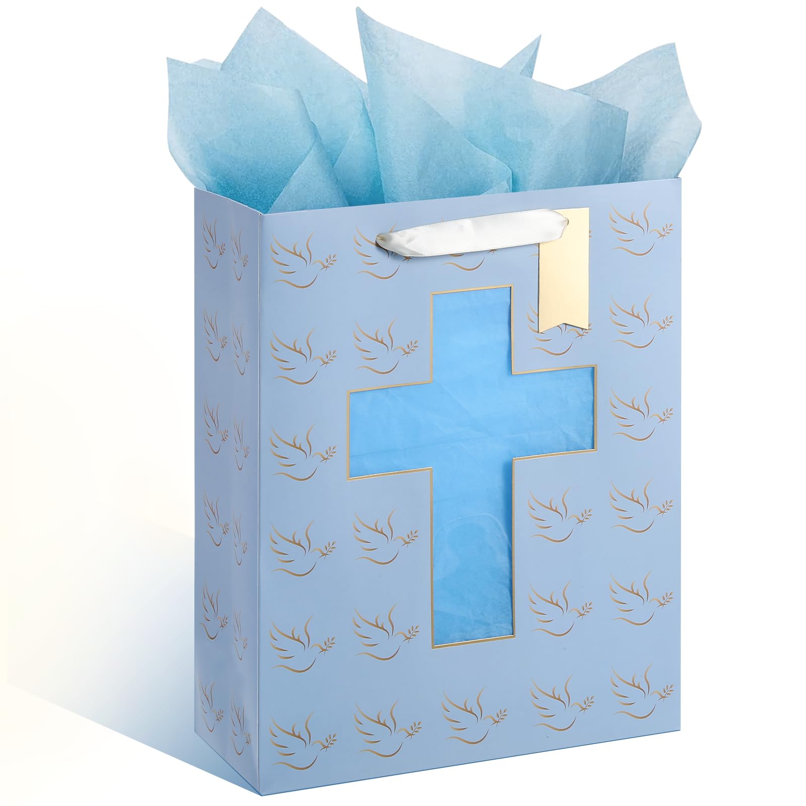 Sawnfay Blue Gift Bag - 10" x 5" x 13", for Baby Boy Baptism, Christening, First Communion, Religious Events, with Cross cut window Design and Tissue Paper