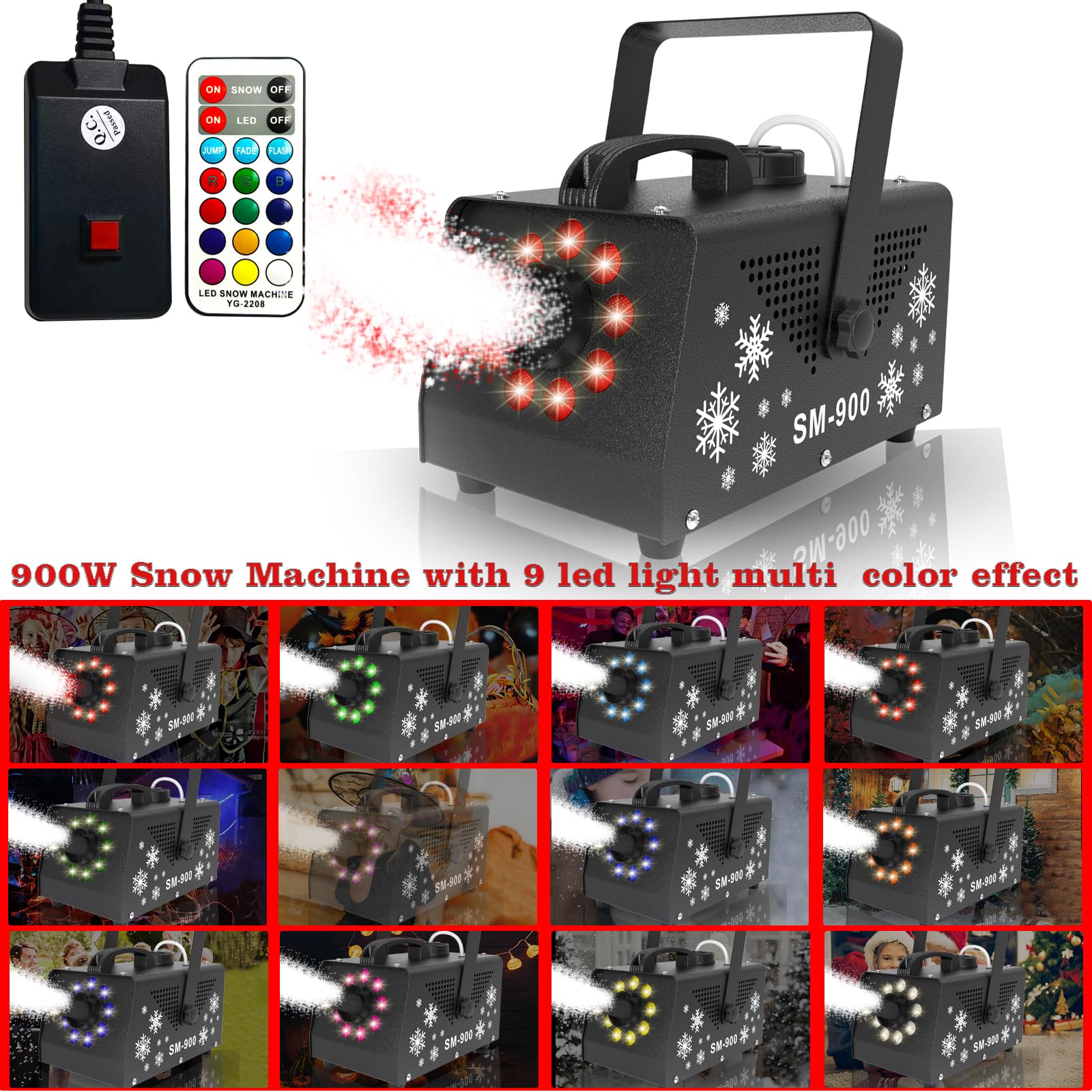 IMONE 900W Christmas Snow Machine with 9 Lights,High Output Fake Snow Machine with Remote,Foam Snow Machine Indoor, Outdoor Snow Making Machine,Snow Maker Machine,Snowflake Machine for Parade,Party
