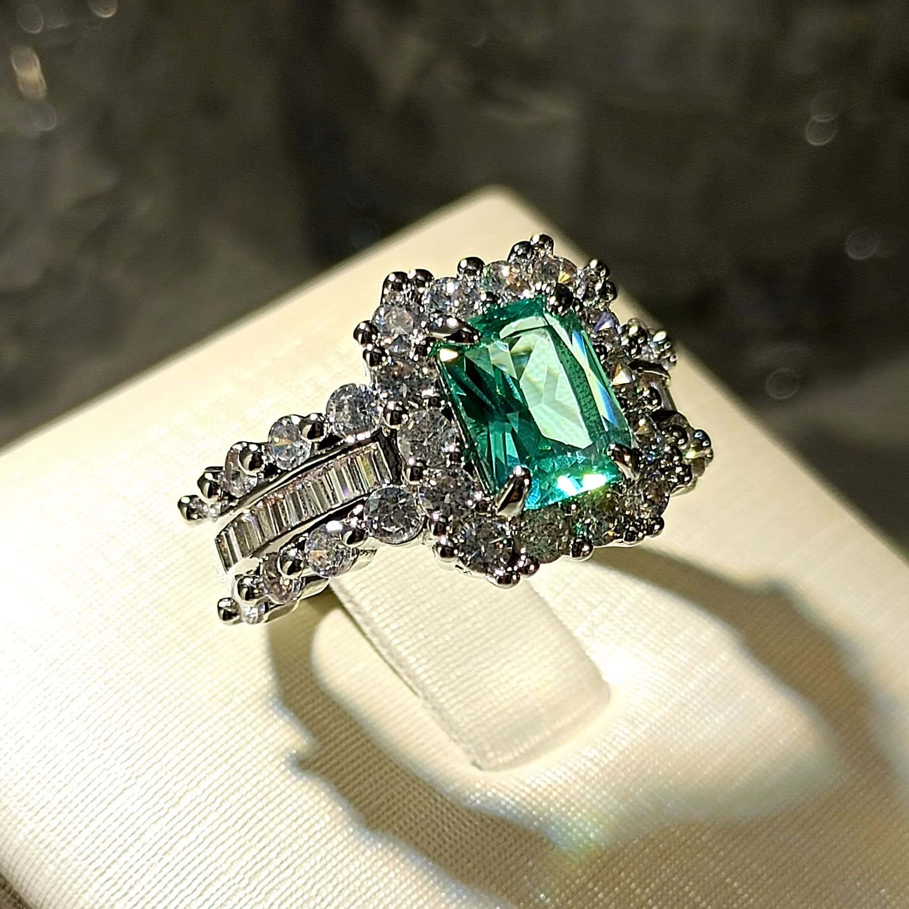 KINMOT Pretty Baguette Cut Shank Halo Sky Blue Square Zircon Engagement Rings Gift for Her