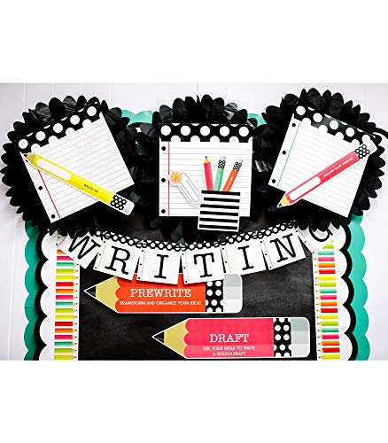 Schoolgirl Style Black, White & Stylish Brights 12 Piece Pencil and Paper Bulletin Board Cutouts, Pencil and Paper Bulletin Board Decorations and Classroom Décor