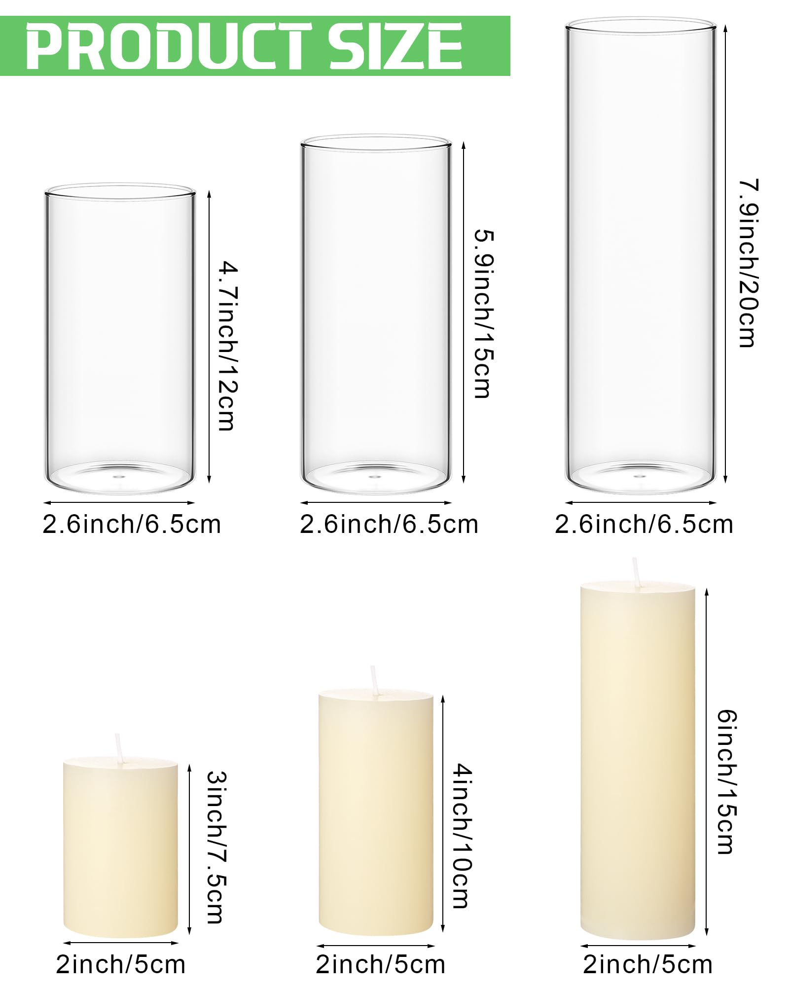 Shihanee Set of 6 Pillar Candles and Glass Cylinder Vases Clear Cylinder Candle Holders for Slim Tall Pillar Candles Wedding Centerpieces(2.6'' x 4.7'', 5.9'', 7.9'',Ivory White)