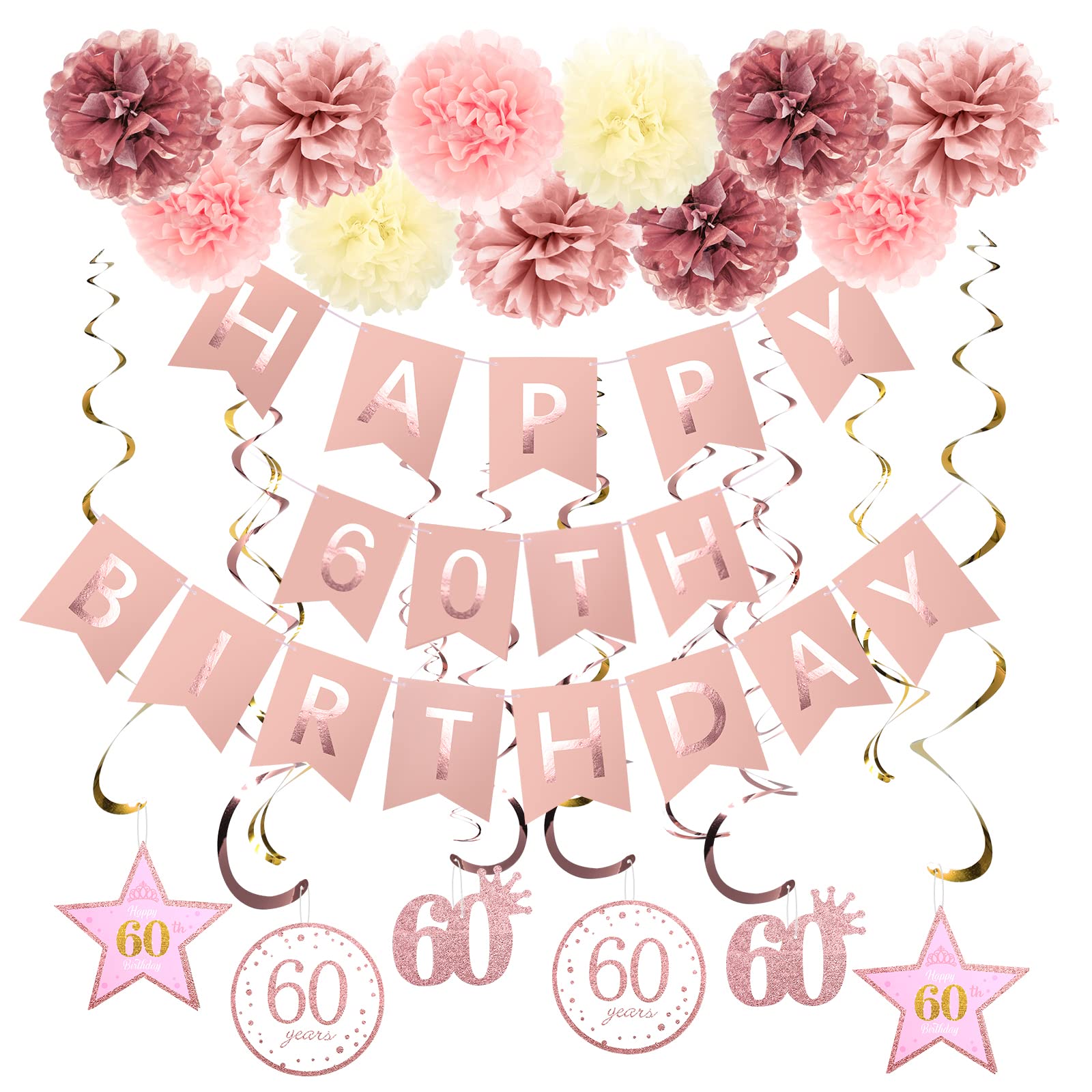 GuoZhiXin Rose Gold 60th Birthday Party Decorations , Rose gold Glittery Happy 60th Birthday Banner,Poms,Sparkling Hanging Swirls Kit for 60th Birthday Party Supplies