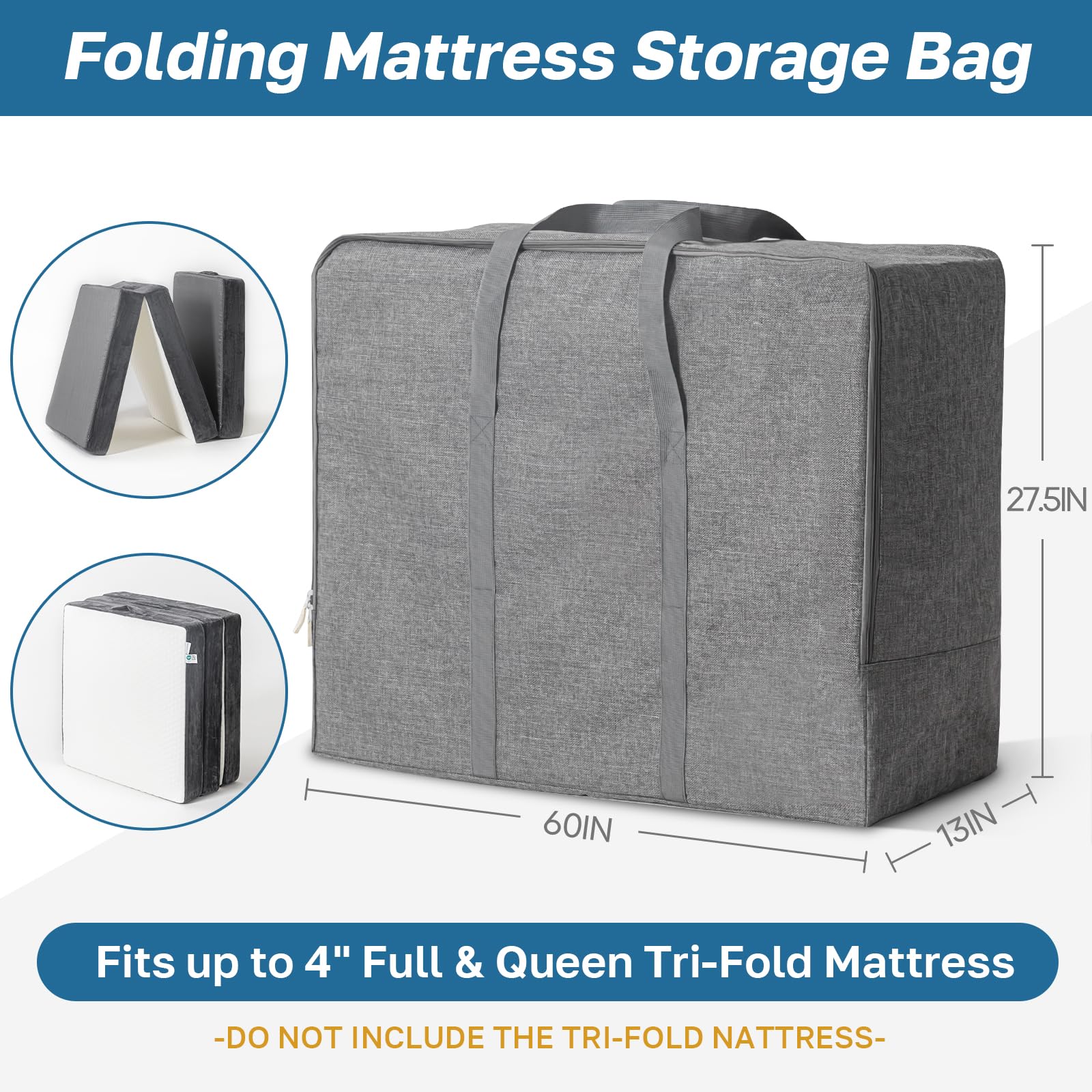 Folding Mattress Storage Bag - Portable Carry Case Fits 4" Full & Queen Tri-Fold Mattress