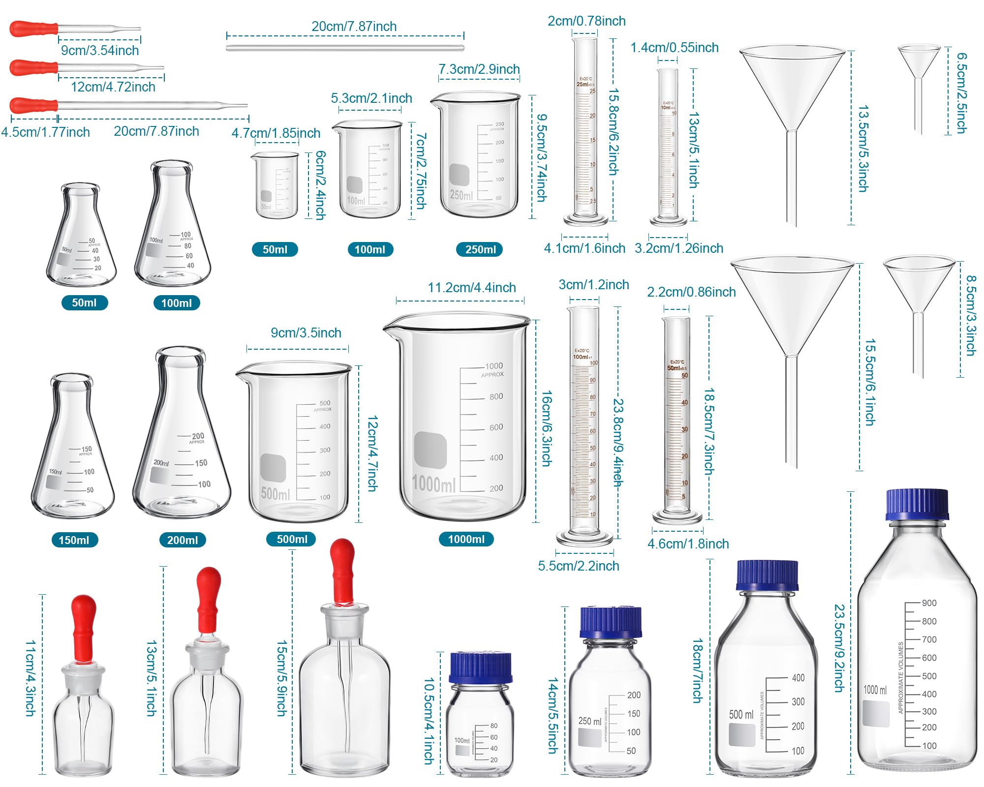 Saysurey 31 Pcs Lab Glassware Set Include Measuring Beakers Cylinders Erlenmeyer Flasks Dropper Bottle Media Bottles Glass Stirring Rods Dropper Funnels for Science Chemistry Equipment Supplies
