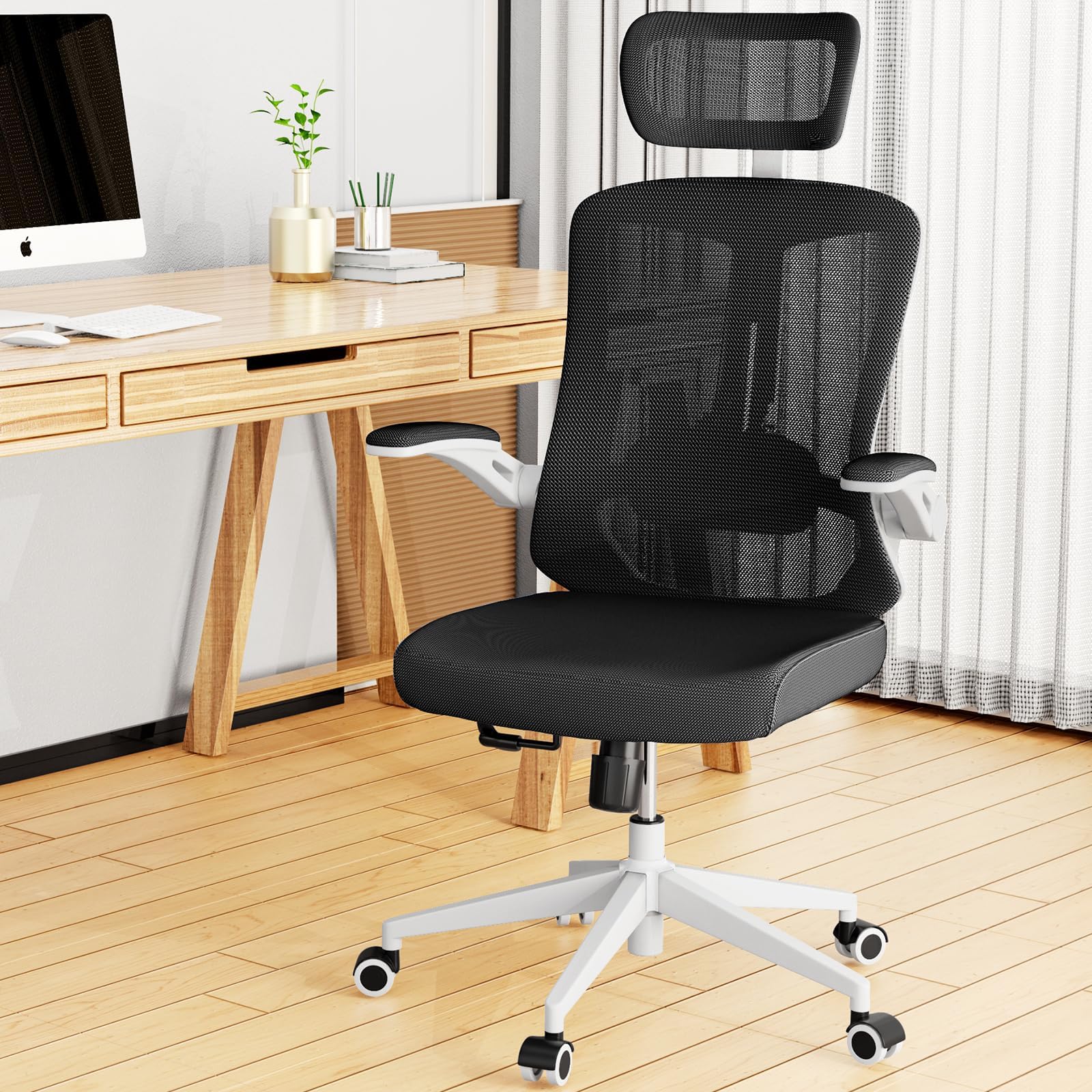 Ergonomic Office Chair, Home Office Desk Chair with Adjustable Headrest & Lumbar Support, Swivel High Back Computer Chair, Breathable Mesh Chair, PU Silent Wheels, Flip-Up Arms (Onyx Black)
