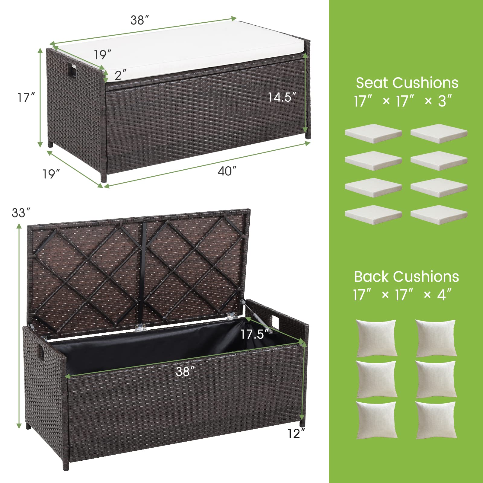 Tangkula 34 Gallon Outdoor Storage Bench with Seat Cushion, Patio Mix Brown Wicker Deck Box with Waterproof Liner and Side Handles, Outdoor Storage Bench for Cushions, Garden Tools, Pool Accessories