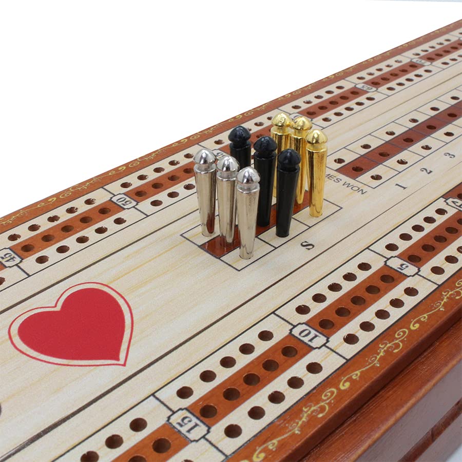 meremee Wooden Cribbgae Board Set 3 Track,9 Metal Pegs and 2 Playing Cards,Large Storage Dawer