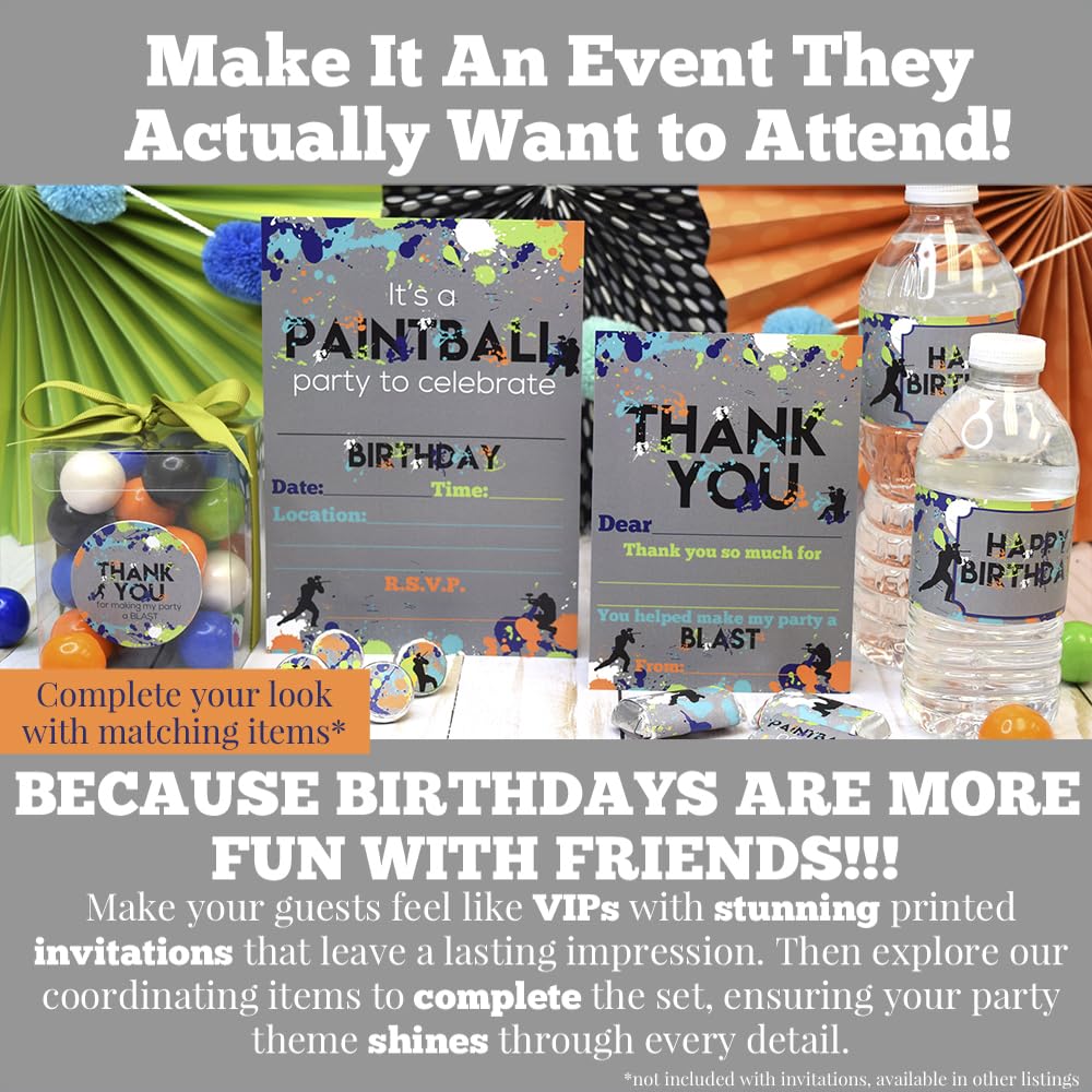 Paintball Themed Birthday Party Invitations, 20 5x7 Fill In Cards with Twenty White Envelopes by AmandaCreation