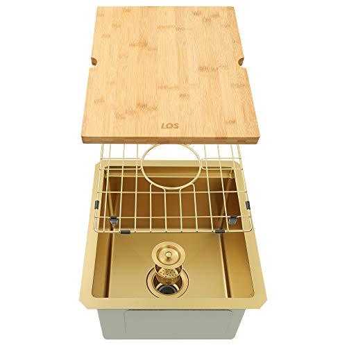 LQS Kitchen Sink Drain Strainer Assembly and Gold Undermount Bar Sink, RV Sink, Handmade Stainless Steel Bar Sink 15" x 17", 16 Gauge Workstation Sink