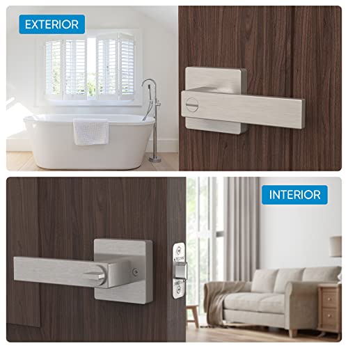 TICONN 2Pk Door Handle Heavy Duty, Reversible Square Door Lever for Bedroom, Bathroom and Rooms (Satin Nickel, Privacy, 2 Pack)
