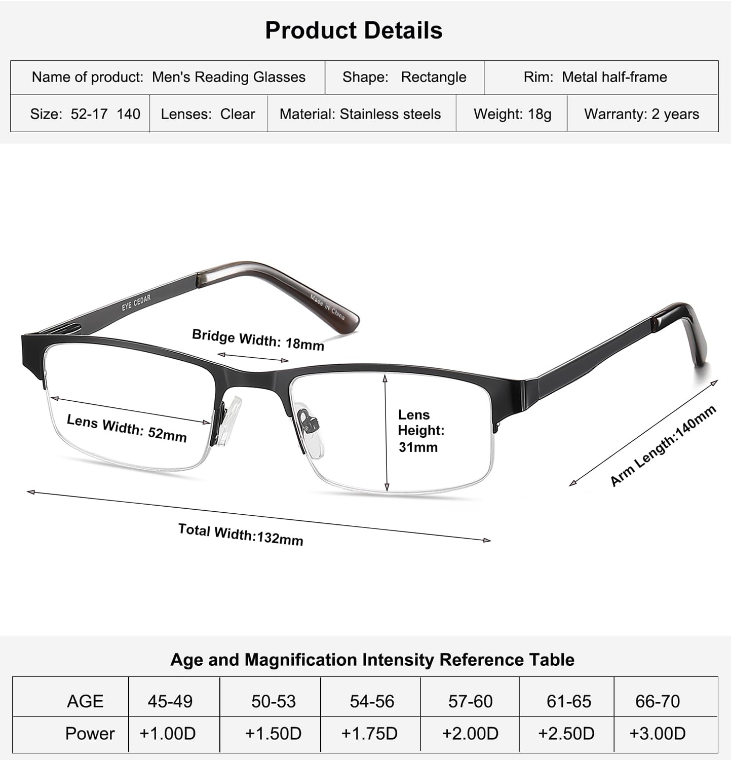 EYECEDAR 5-Pack Reading Glasses for Men Rectangular Metal Half-Frame Spring Hinges with Sun Readers Glasses Mens Readers 1.50