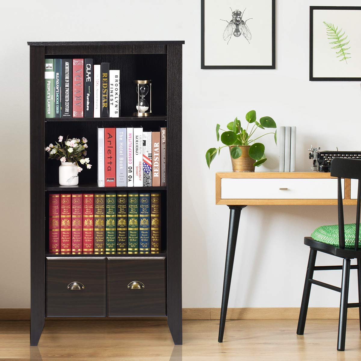 GLACER Bookshelf Bookcase, Multifunctional Cabinet with 2 Adjustable Shelves and 2 Drawers, Ideal for Home Office Bedroom and Living Room