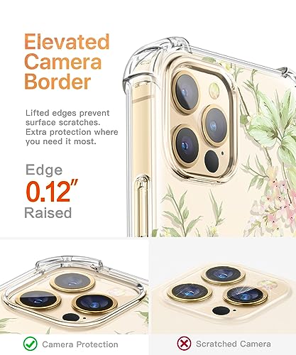 GVIEWIN for iPhone 12 Case and iPhone 12 Pro Case with Screen Protector + Camera Lens Protector, Clear Floral Flexible TPU Shockproof Women Girls Flower Phone Case 6.1"(Peach Blossom/Yellow)