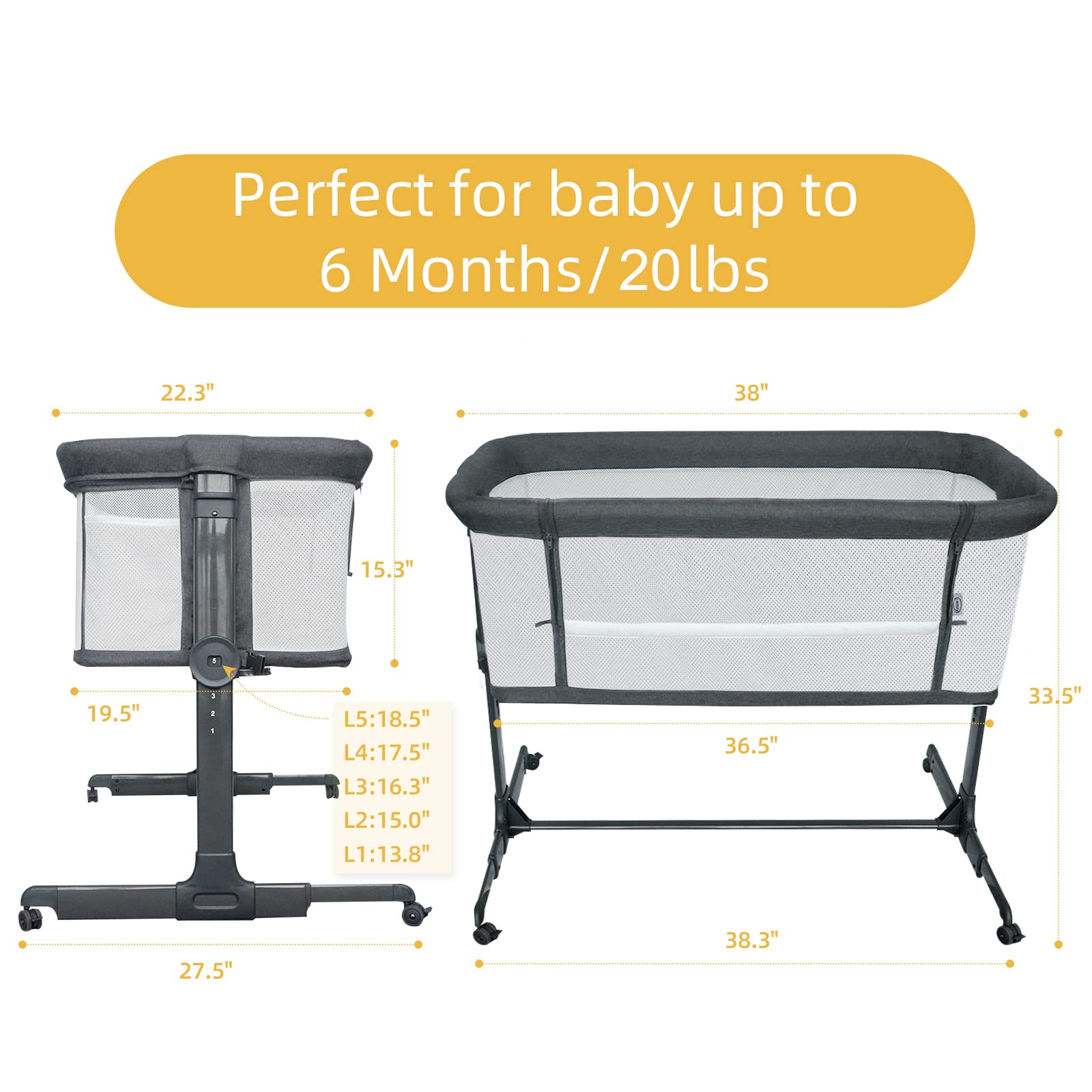 IKOMZY Baby Bassinets Bedside Sleeper, Bedside Bassinet for Baby, Adjustable Portable Bedside Crib for Newborn Babies, Airflow Mesh Walls (Charcoal)