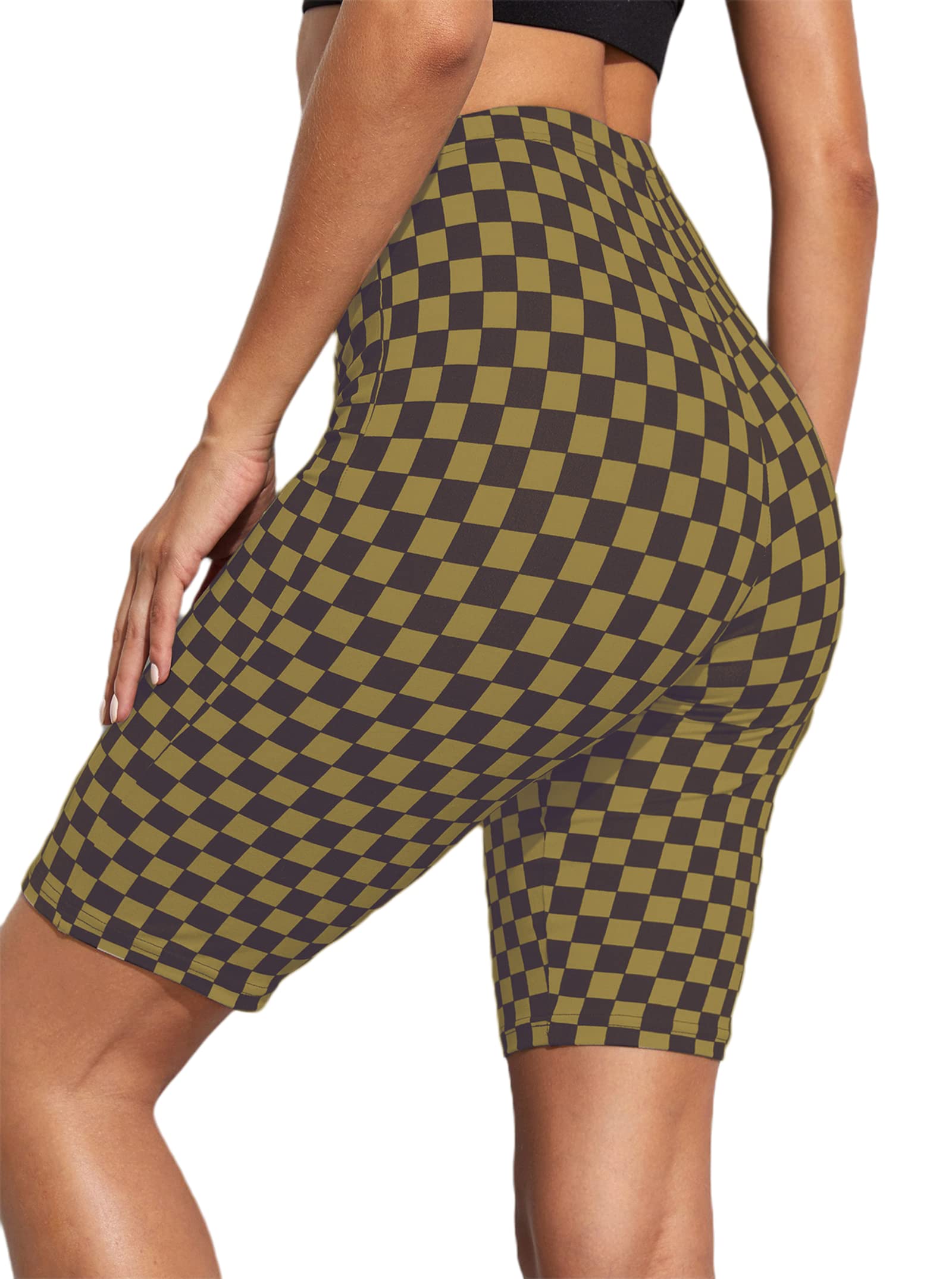 LilyCoco Womens Checkered Biker Shorts High Waist Gym Shorts Cycling Workout Yoga Short Tights Brown Checkered Medium