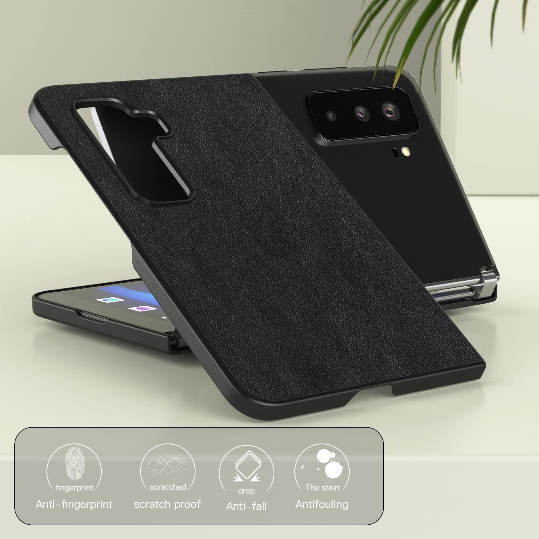Foluu for Microsoft Surface Duo 2 Case, Surface Duo 2 2021 Leather Case, [Slim & Lightweight] PU Leather Back Cover Hard PC Durable Protective Phone Case for Microsoft Surface Duo 2 2021 (Black)